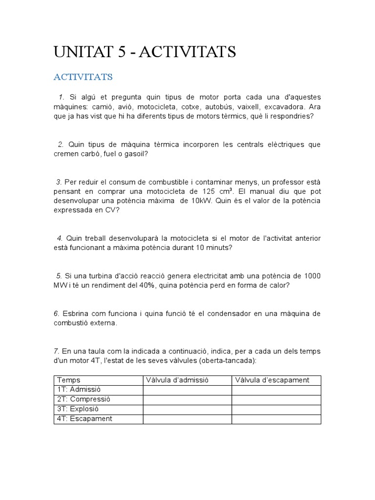 Tema 5 - Màquines Tèrmiques (Activitats) | PDF