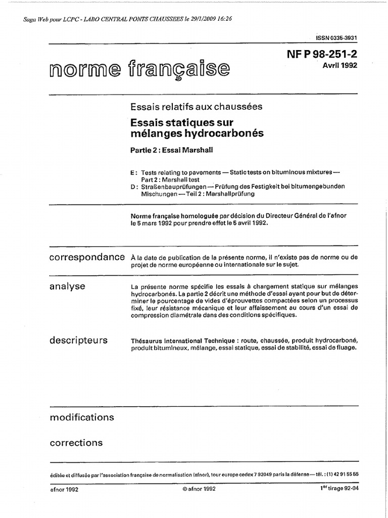 ANCIENNE NF P 98 - 251-2 MARSHALL碳氢化合物的静态试验：马歇尔试验 | PDF