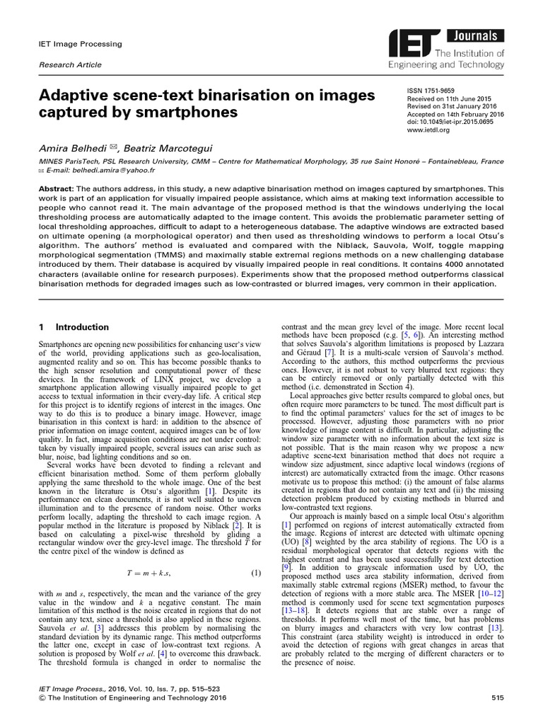 Ok - IET Image Processing - 2016 - Belhedi - Adaptive Scene Text Binarisation On Images Captured ...