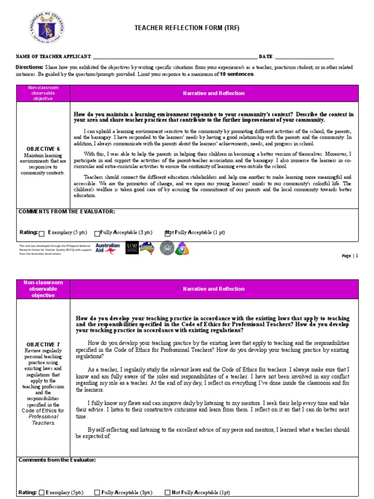 Teacher Reflection Form TRF 1 | Download Free PDF | Learning | Teachers