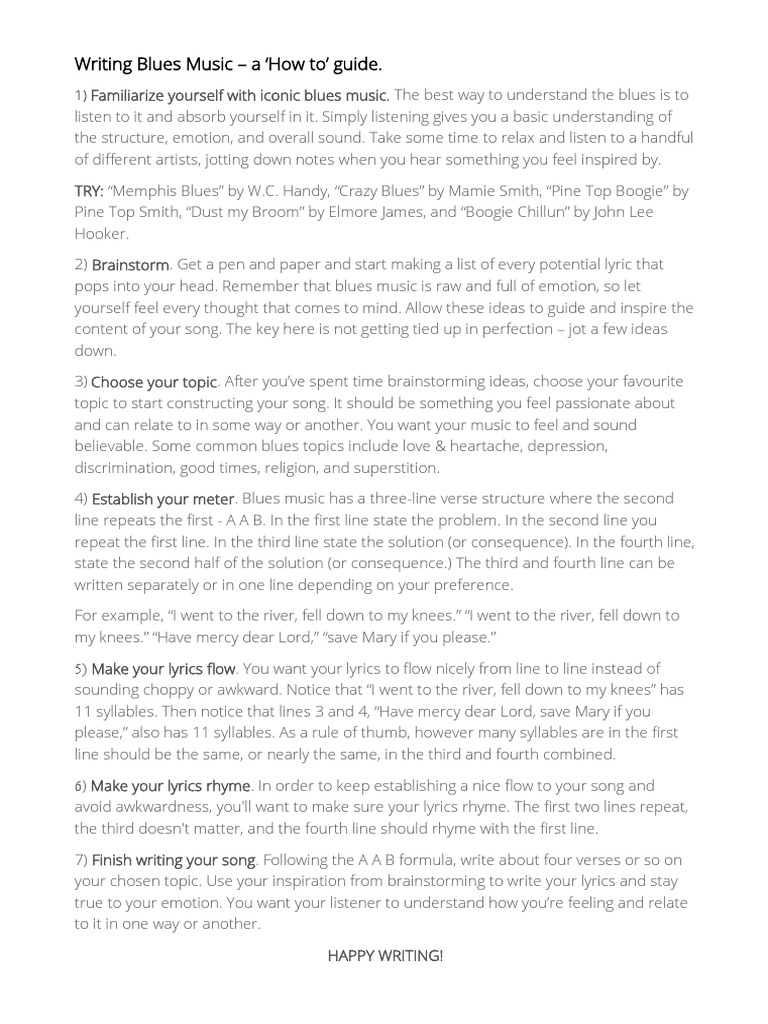 Writing Blues Lyrics How To Guide 2021 | PDF | Blues