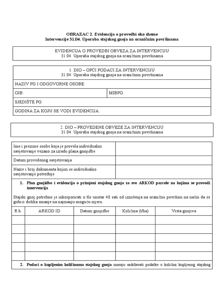 OBRAZAC 2 - Evidencija o Provedbi Eko Sheme - 31.04. Uporaba Stajskog ...