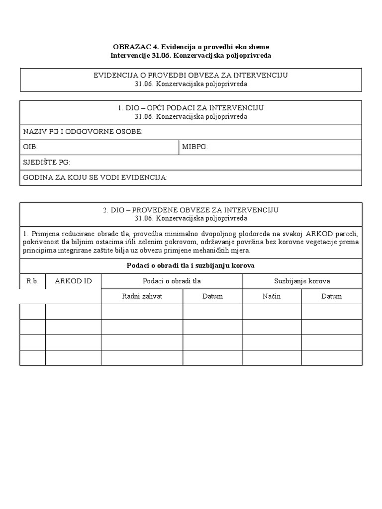 OBRAZAC 4 - Evidencija o Provedbi Eko Sheme - 31.06. Konzervacijska ...