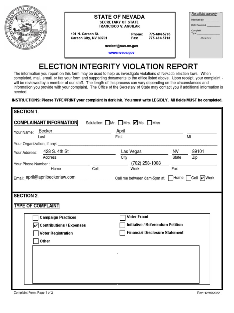 Election Integrity Violation Report NV | PDF | Complaint | Government