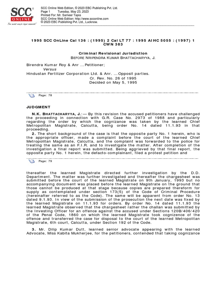 Birendra Kumar Roy v. Hindustan Fertilizer Corporation LTD., 1995 SCC OnLine Cal 136 | PDF ...