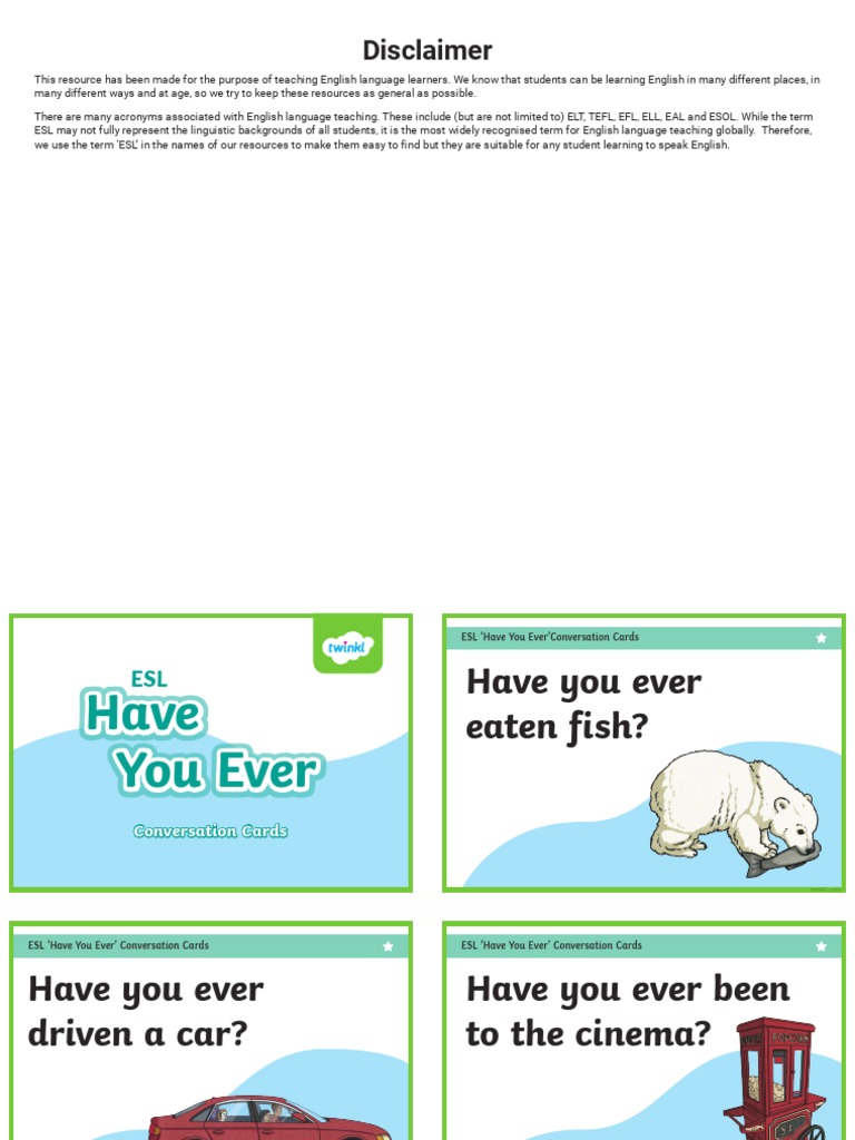 T e 1671015843 Esl Have You Ever Conversation Cards Ver 1 | PDF ...