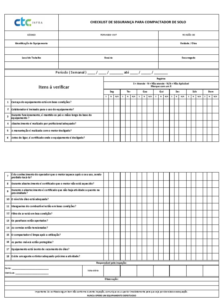 Form 033 VWF r00 Check List Compactador de Solo | PDF