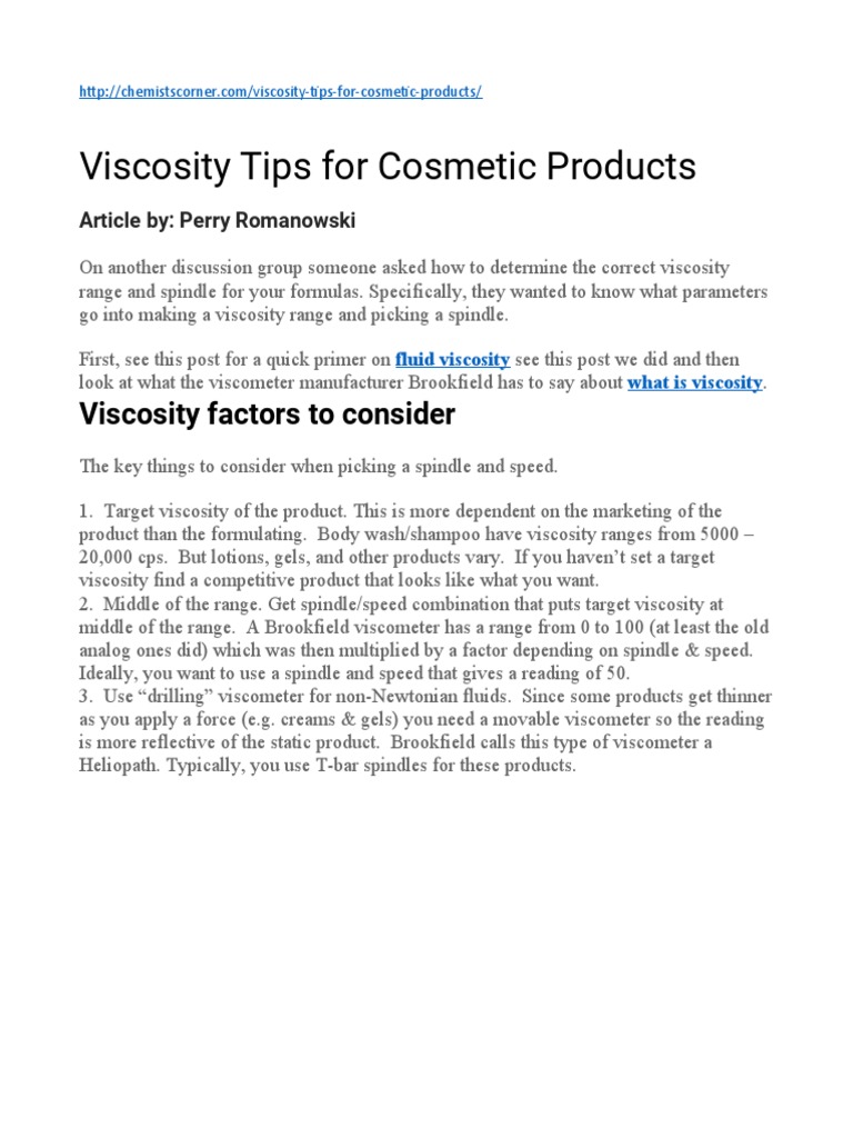 Viscosity Tips For Cosmetic Products Pdf