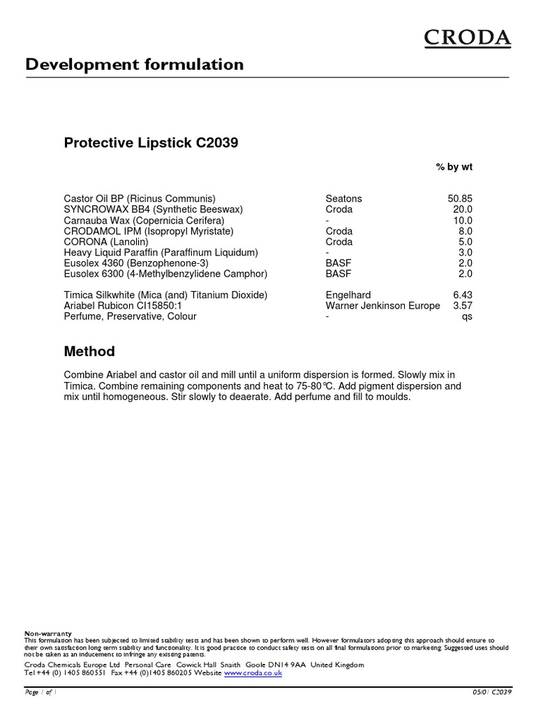 Protective Lipstick C2039 | PDF | Chemical Substances | Materials