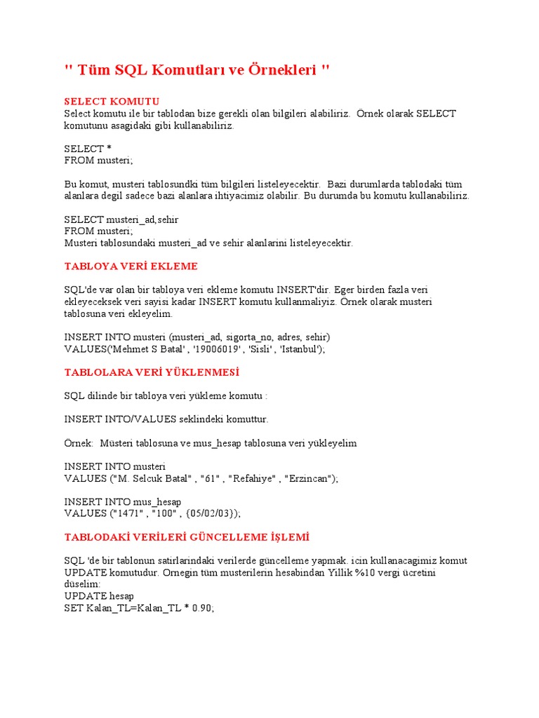 Tüm SQL Komutları Ve Örnekleri | PDF