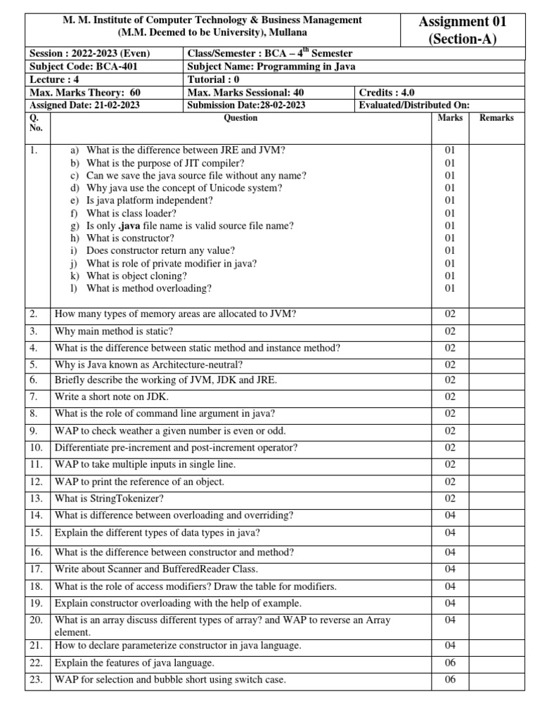 Assignment 1 BCA-401 | PDF | Java (Programming Language) | Method (Computer Programming)