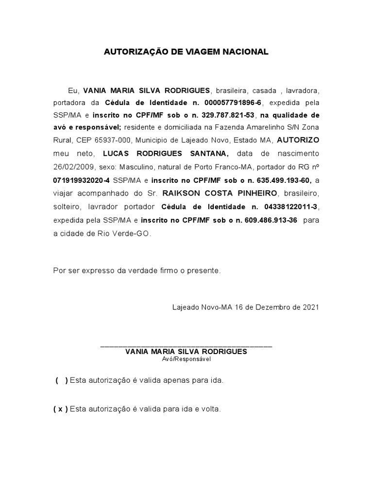 Modelo de Autorizacao de Viagem para Menor de 16 Anos de Idade | PDF Modelo de Autorizacao de Viagem para Menor de 16 Anos de Idade | PDF