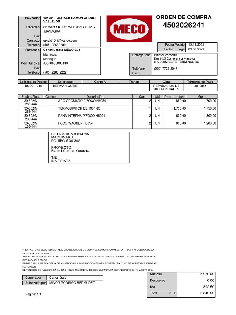 Orden de Compra 4502026241 | PDF