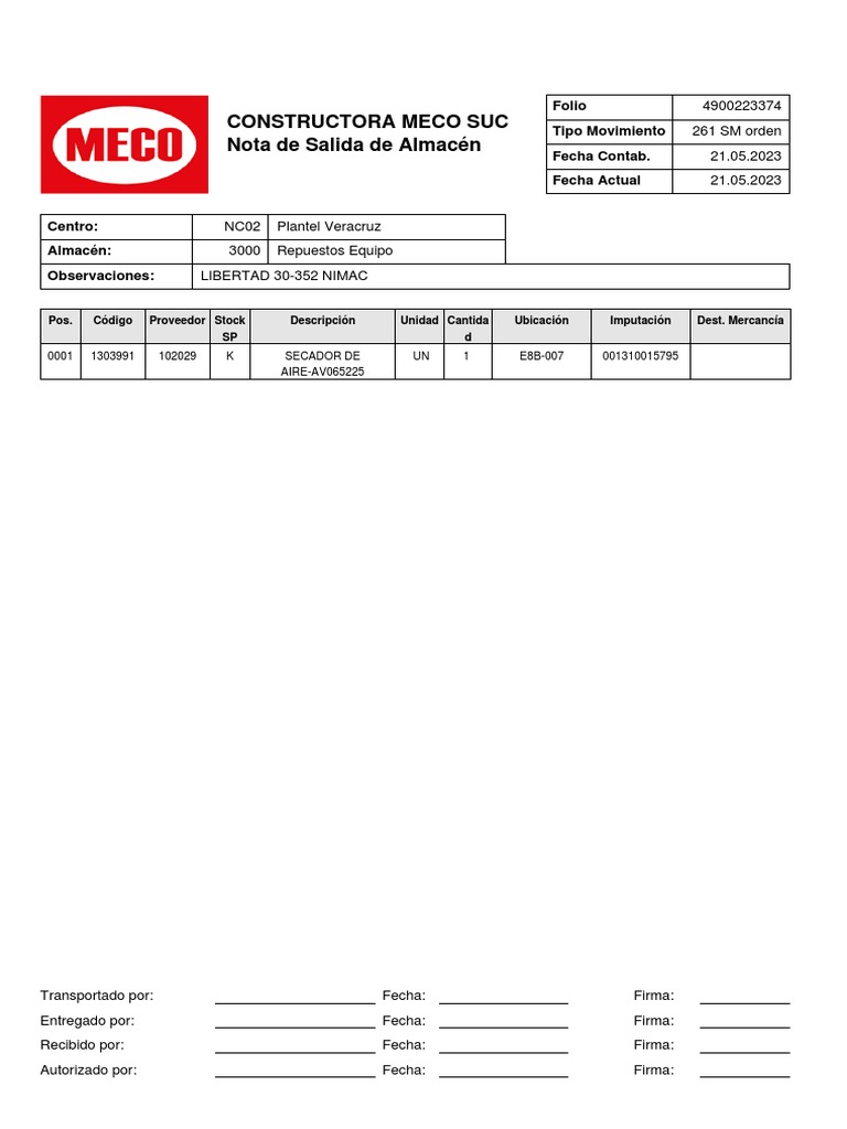 Constructora Meco Suc Nota de Salida de Almacén: Folio Tipo Movimiento Fecha Contab. Fecha ...