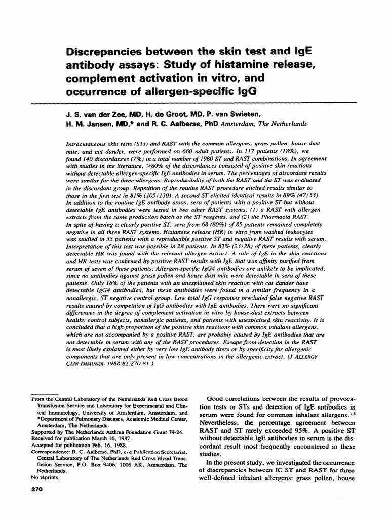 1988 - Van Der Zee Et Al. - Discrepancies Between The Skin Test and IgE ... 1988 - Van Der Zee Et Al. - Discrepancies Between The Skin Test and IgE ...