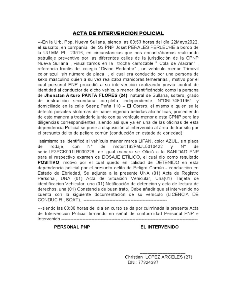 ACTA DE INTERVENCION POLICIAL PELIGRO COMUN 02 | PDF | Justicia | Crimen y violencia