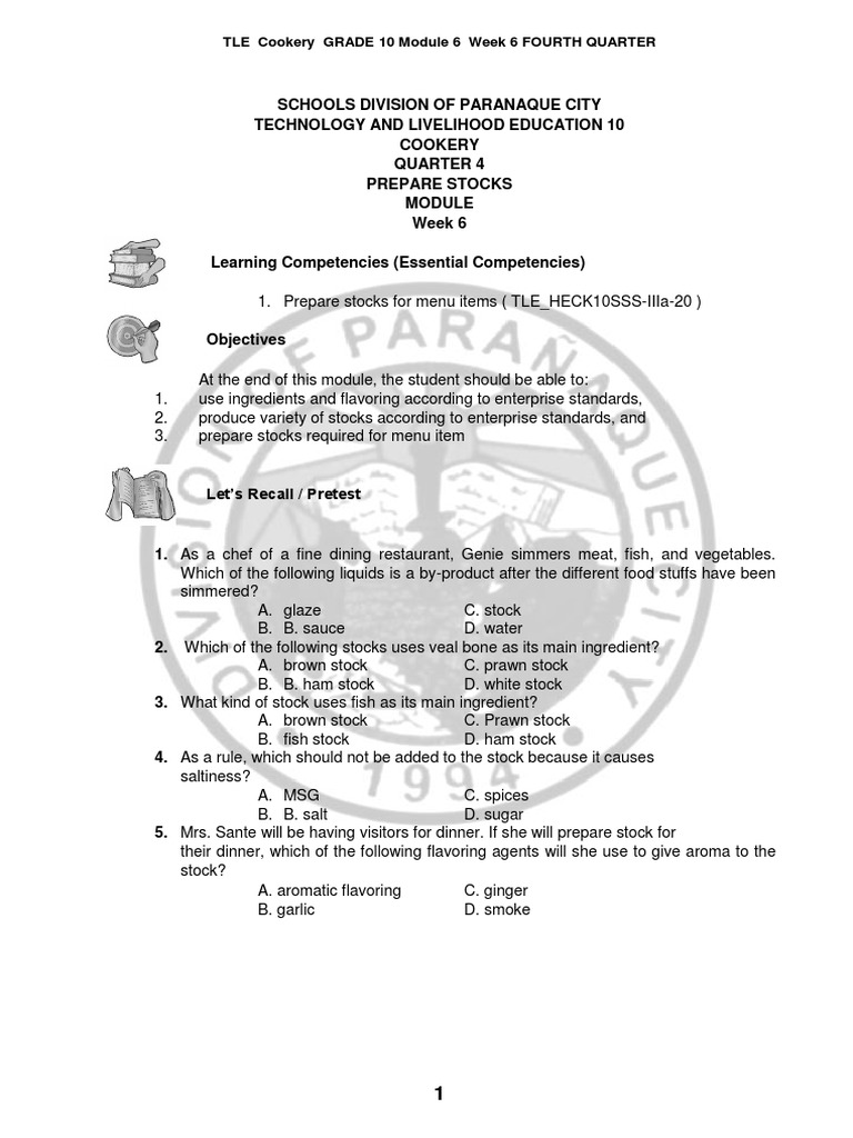 TLE10 Cookery Q4 Module6 Week6 | PDF | Stock (Food) | Cooking