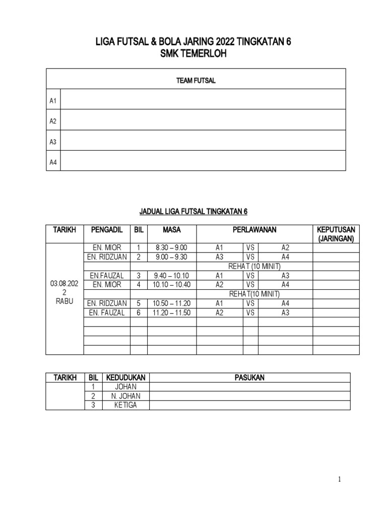 Jadual Liga Futsal Dan Bola Jaring | PDF