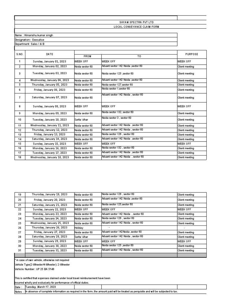 Document:01 Shyam Spectra PVT LTD Local Conveyance Claim Form Name ...