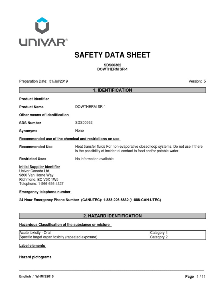 Dowtherm SR-1 MSDS | PDF | Firefighting | Toxicity