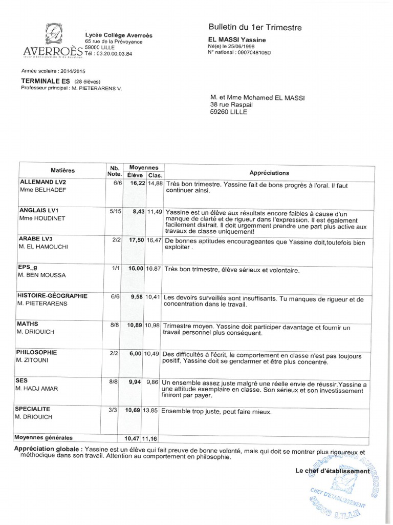 Bulletins Et Relevé Notes Bac EL MASSI | PDF