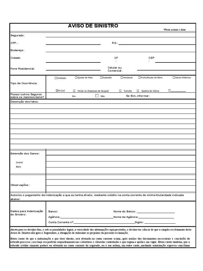Aviso de Sinistro Property | Download grátis PDF | Indenização | Seguro