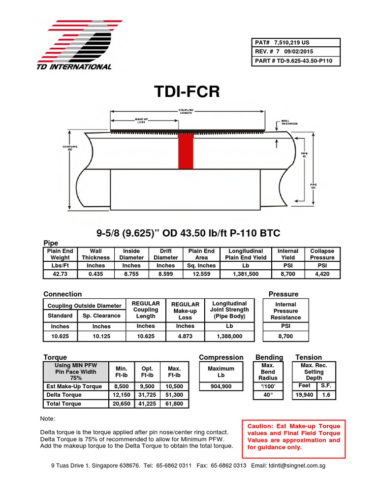 16.TDI FCR Data 9.625 43.50 PPF P110 BTC Rev.7 | PDF | Pipe (Fluid Conveyance) | Manufactured Goods