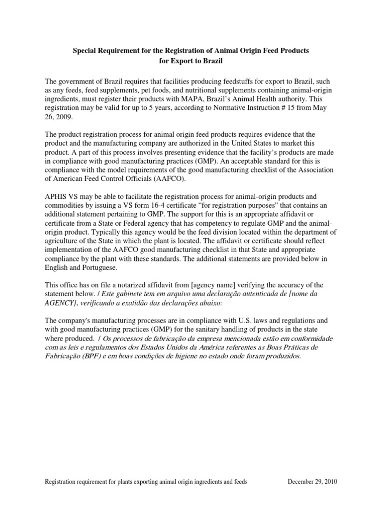 Special Requirement For The Registration of Animal Origin Feed Products ...