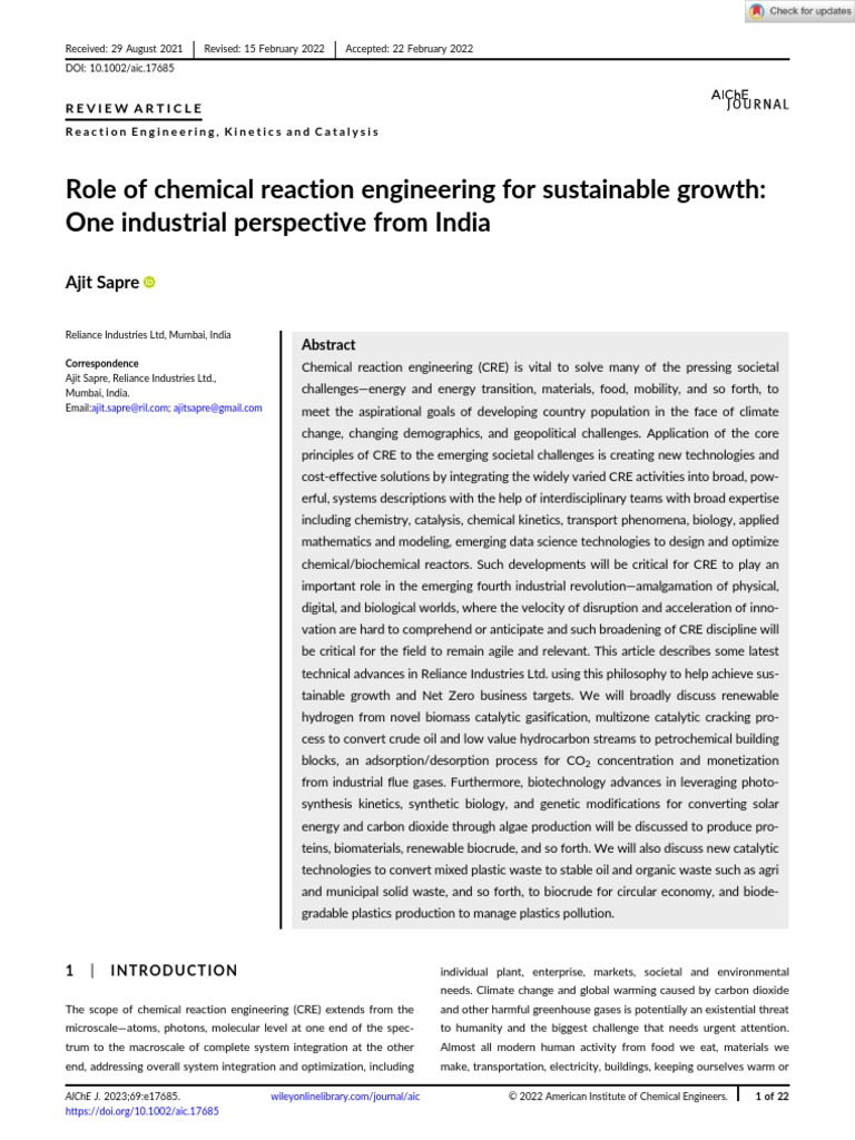 AIChE Journal - 2022 - Sapre - Role of Chemical Reaction Engineering ...
