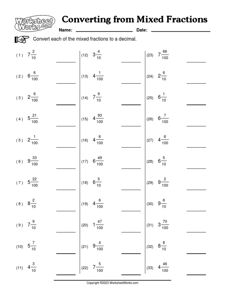 WorksheetWorks Converting From Mixed Fractions 1 | PDF | Notation | Mathematical Concepts