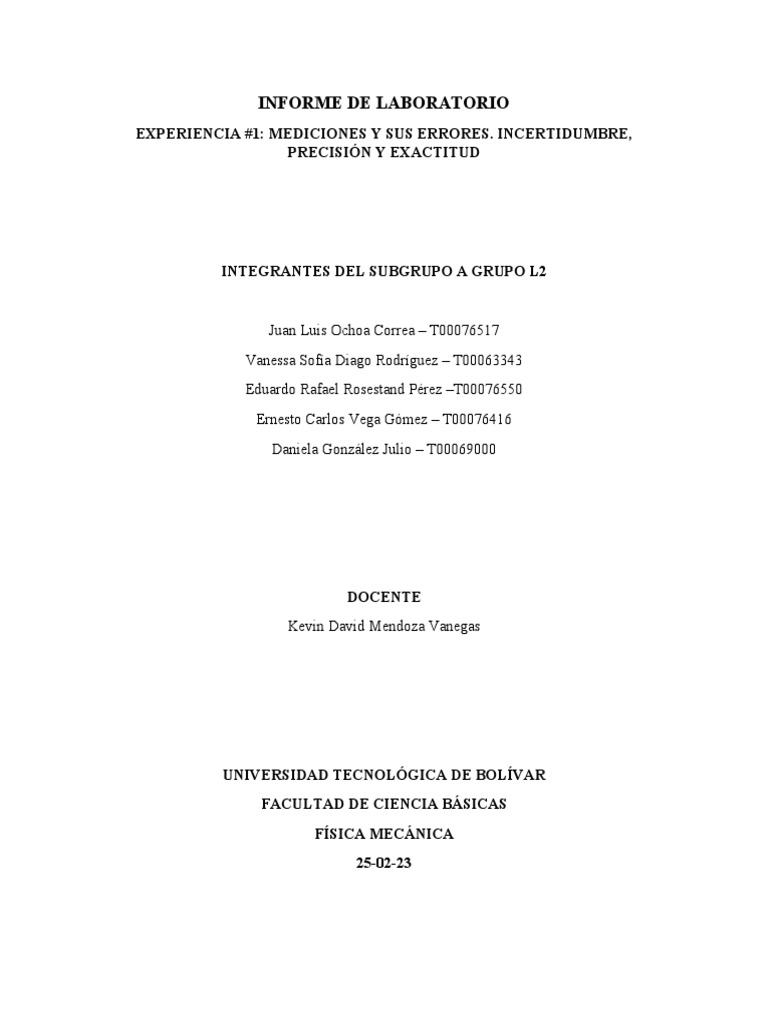 Informe De Laboratorio 1 Pdf Exactitud Y Precisión Medición