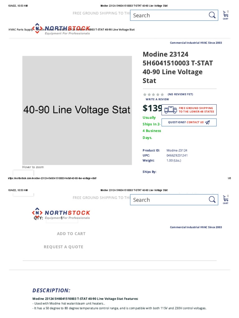 Modine 23124 5H6041510003 T-STAT 40-90 Line Voltage Stat | Download ...