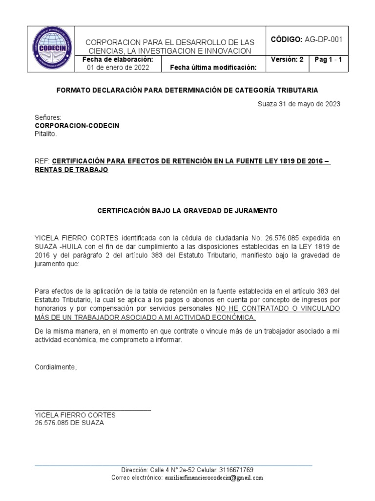 MODELO DE FORMATO TRATAMIENTO TRIBUTARIO CODECIN | PDF