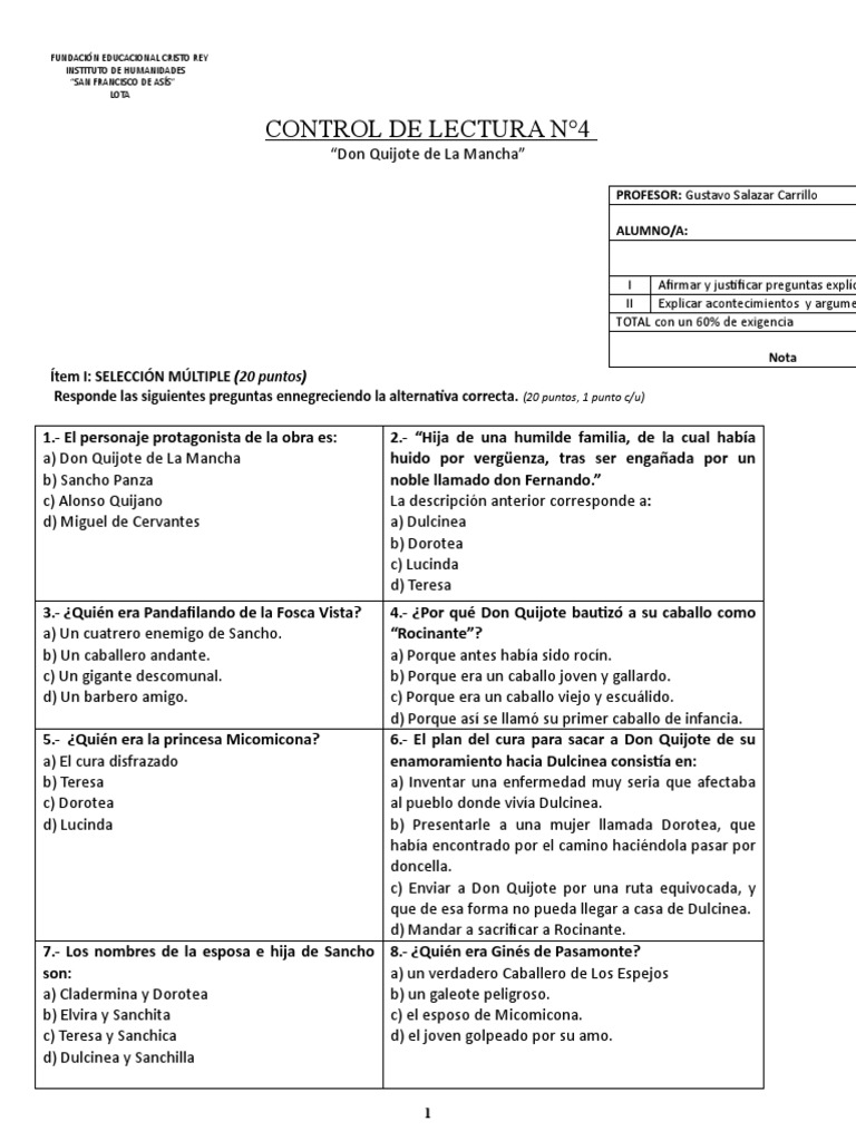 Actividades de Lectura: Don Quijote | PDF | Don Quijote | Don Quijote ...