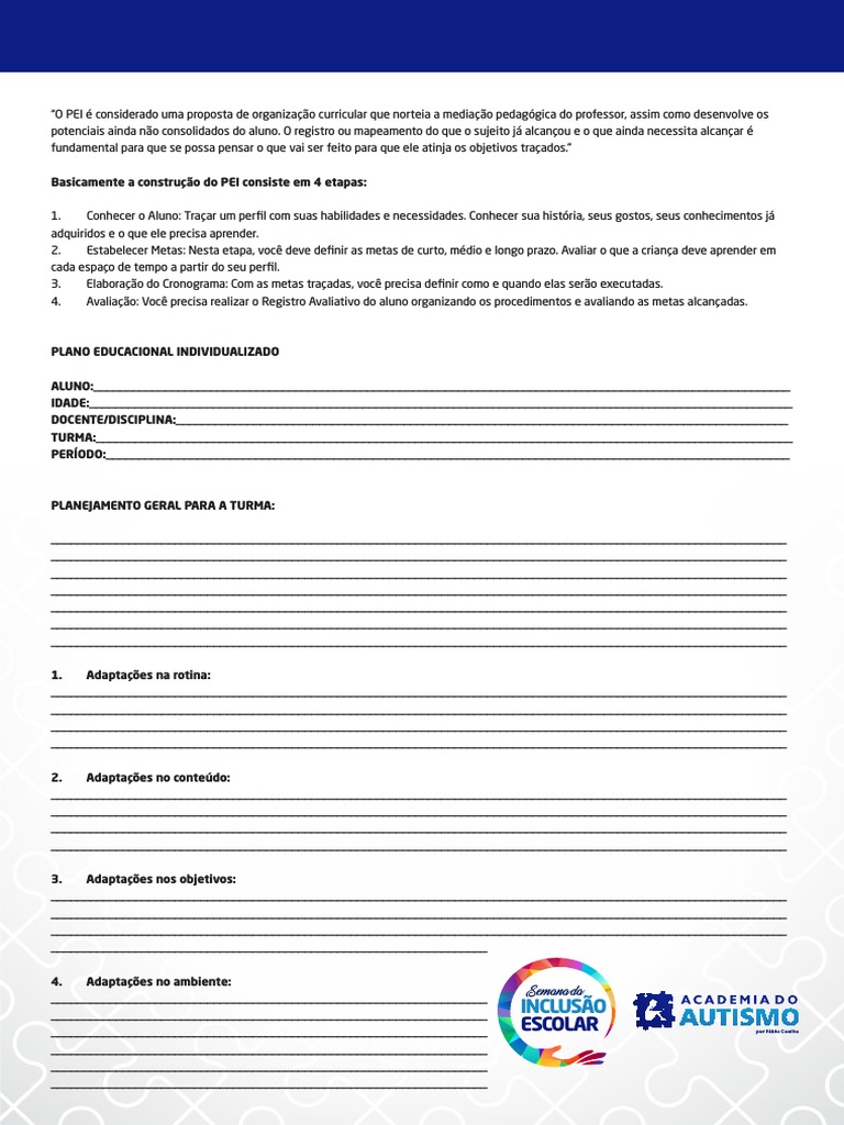 PEI Plano Educacional Individualizado Autismo | PDF