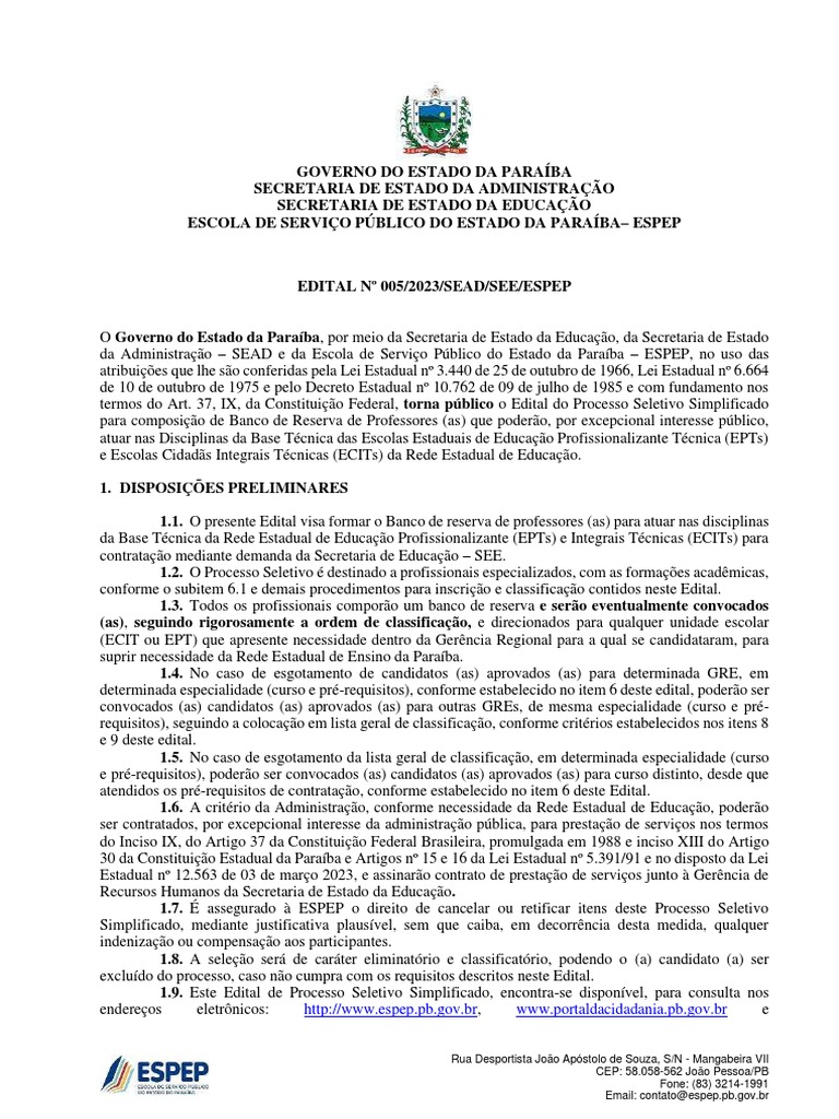 Edital #005 2023 Sead See Espep Professores | PDF | Diploma de bacharel | Engenharia