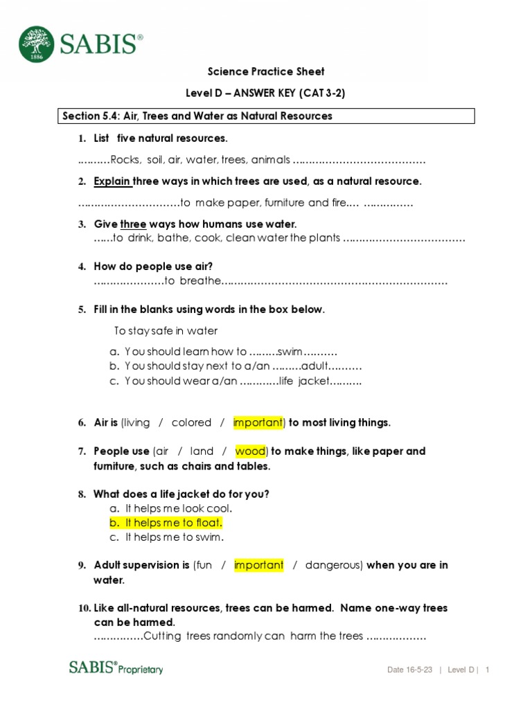 36 Level D Science Practice Sheet CAT 3-2 (ANSWER KEY) | PDF | Moon | Water