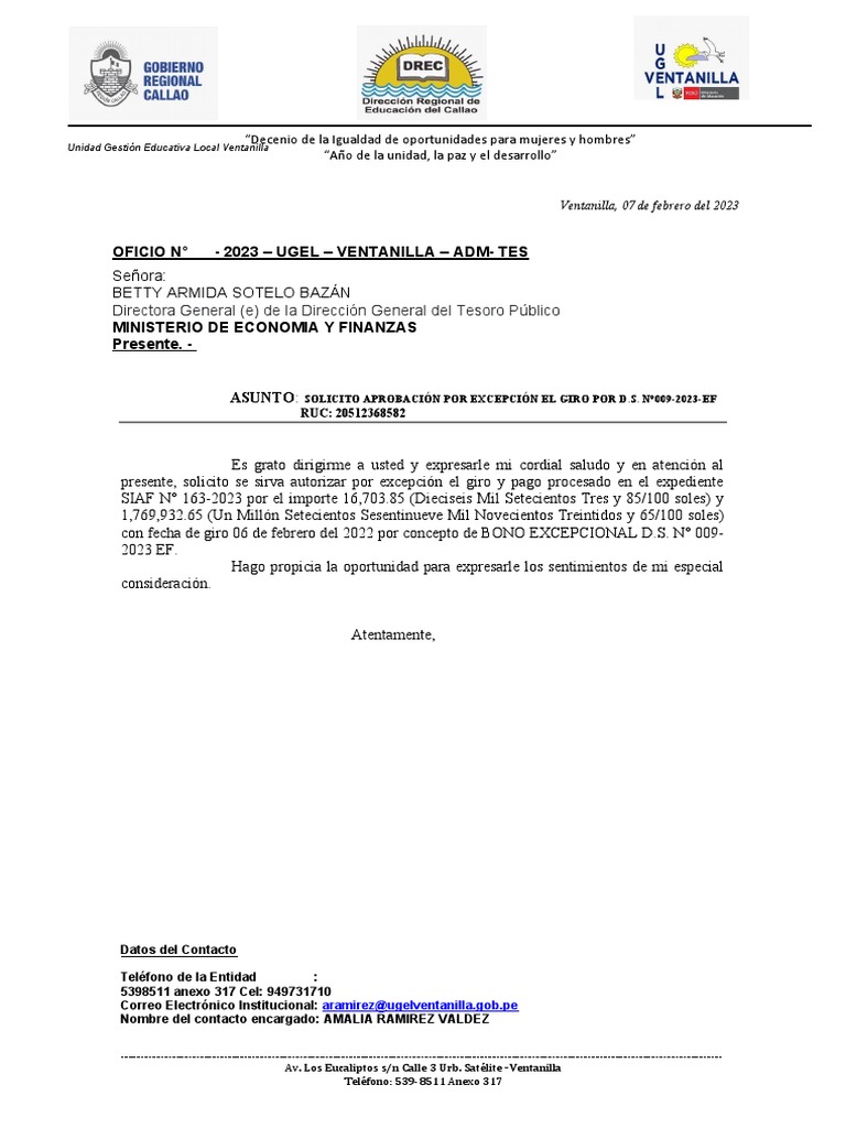 Oficio Solicito Pago Por Excepcion | PDF
