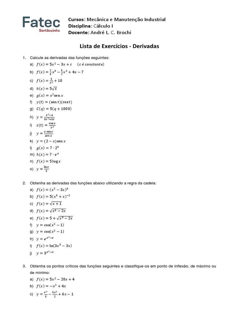 Cálculo I - Lista de Exercícios Sobre Derivadas-1 | PDF | Resistência ...