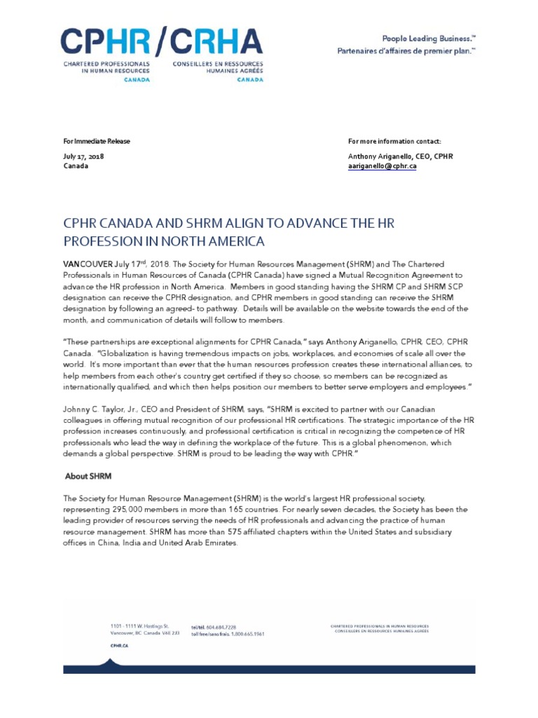 HR Certification Partnership: CPHR & SHRM | PDF | Human Resource ...