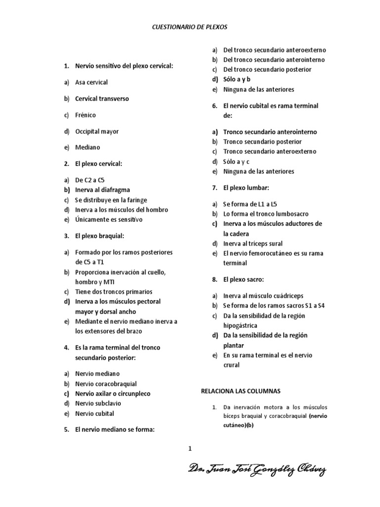 Cuest Plexos 1D | PDF | Sistema musculoesquelético | Neuroanatomía