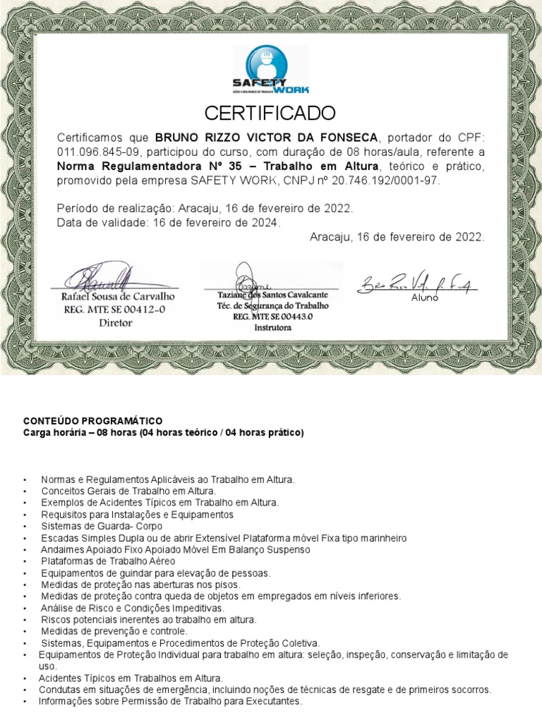 Certificado NR35 - BRUNO RIZZO VICTOR DA FONSECA | PDF