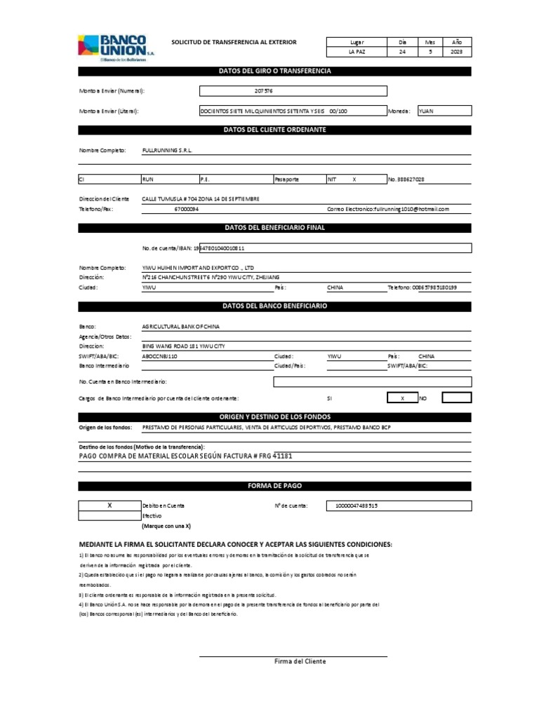 Datos Del Giro O Transferencia: Solicitud de Transferencia Al Exterior ...
