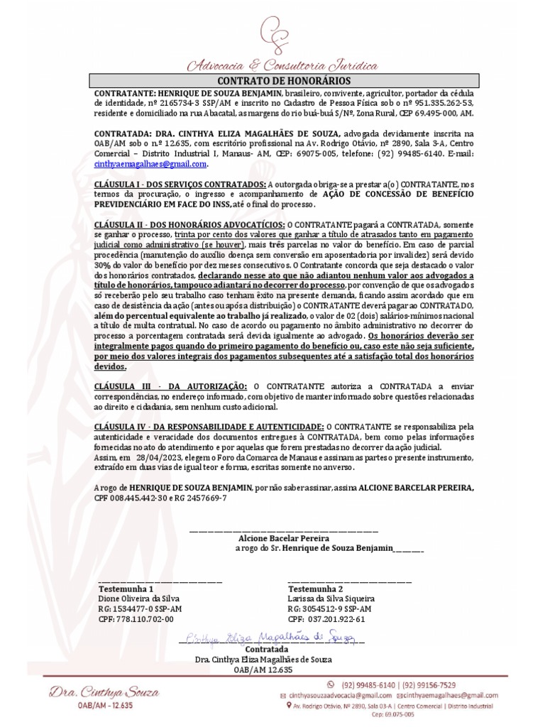1 - CONTRATO A Rogo Henrique Benjamin | PDF | Advogado | Brasil