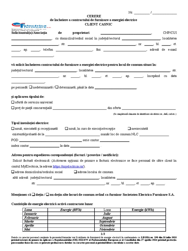 Cerere Incheiere Contract Energie CLIENT CASNIC | PDF