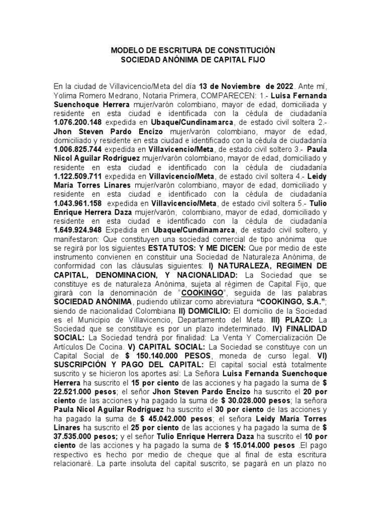 Escritura de Constitucion | PDF | Compartir (Finanzas) | Junta Directiva