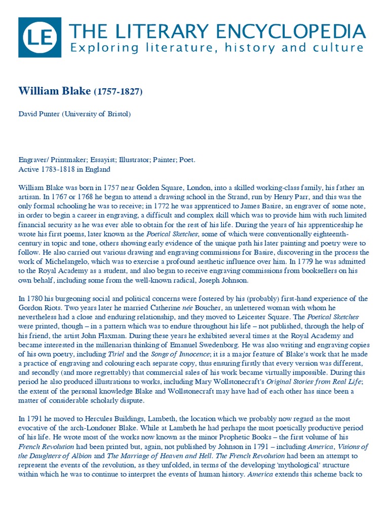 William Blake by David Punter From The Literary Encyclopedia 28-10-2022 ...