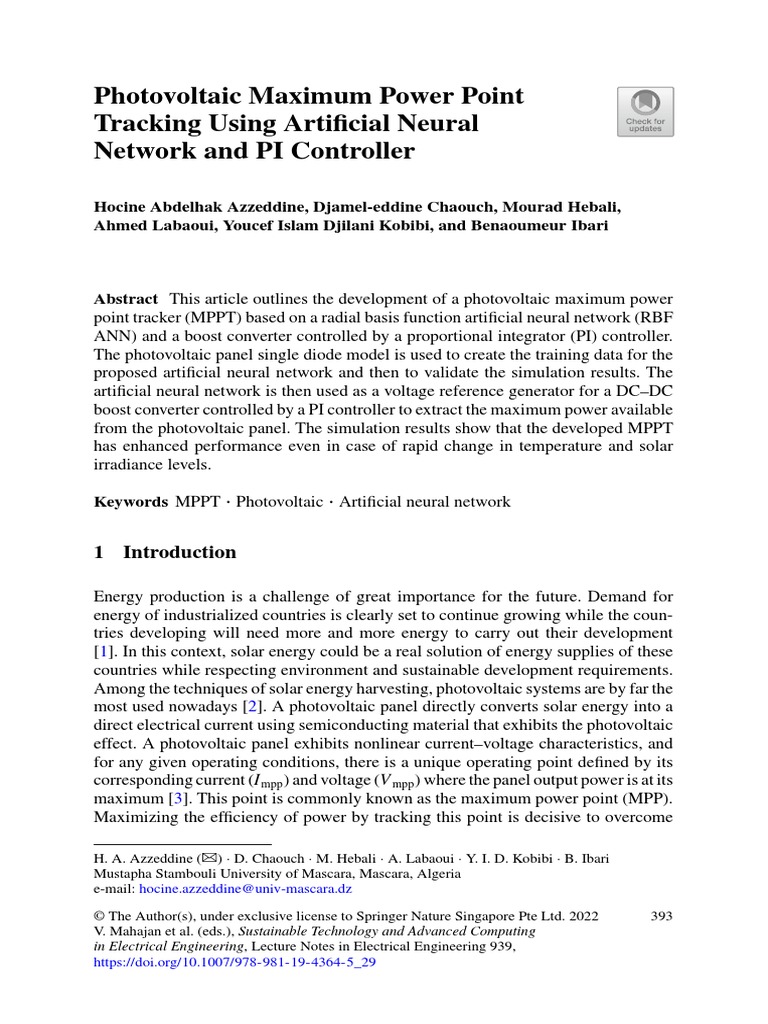 Photovoltaic Maximum Power Point Tracking Using Artificial Neural Network and PI Controller ...