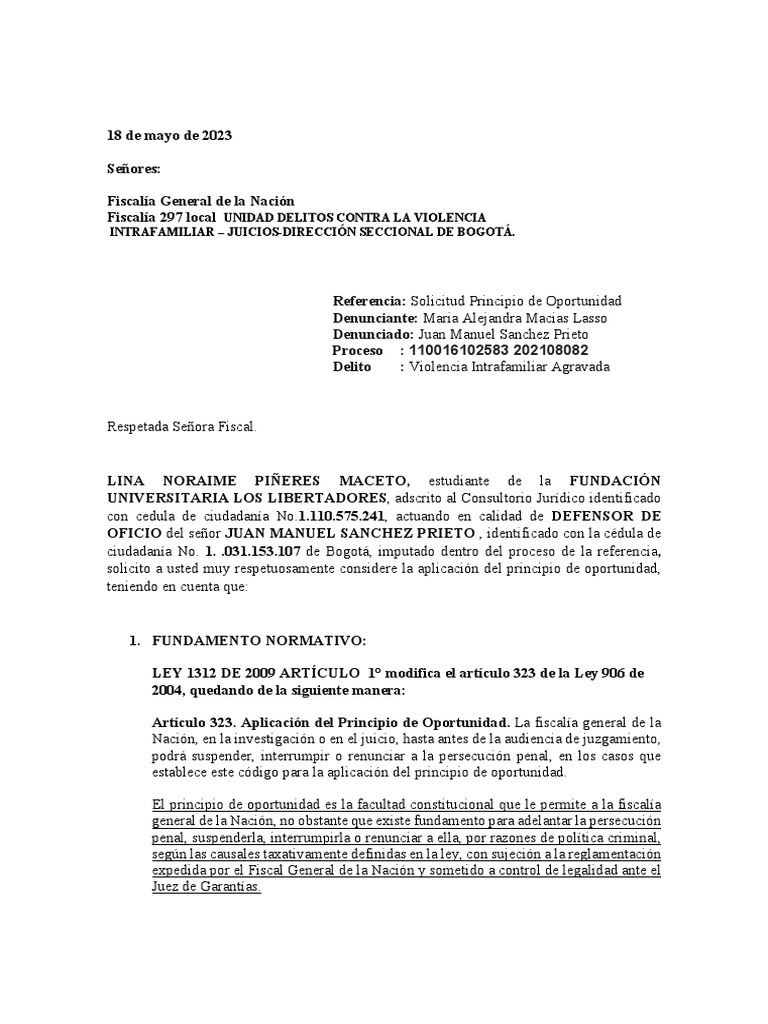 Referencia - Solicitud Principio de Oportunidad | PDF | Derecho penal ...