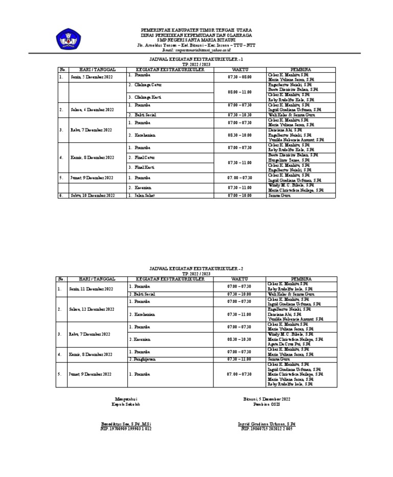 JADWAL KEGIATAN EKSTRA | PDF